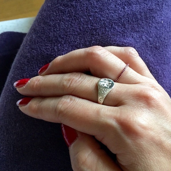 Sterling Silver Welsh Dragon Oval Signet Ring With Scrolls, Y Ddraig ...