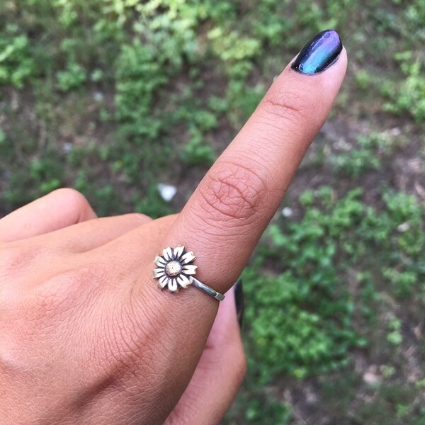 Mammoth Sunflower Ring, Flower Ring, Stack Ring, Silver Stack Ring, Sunflower Stack Ring, Boho ...
