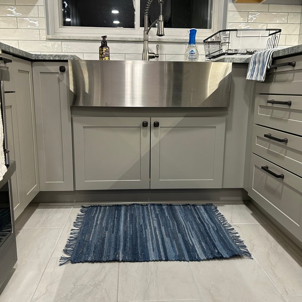 Handwoven Denim Rag Rug, Blue Jeans Entryway Rug, Washable Kitchen ...