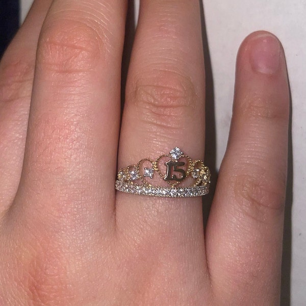 14k 15 Anos Quinceanera Ring / Yellow Gold Cubic Zirconia Crown 15 Ring ...