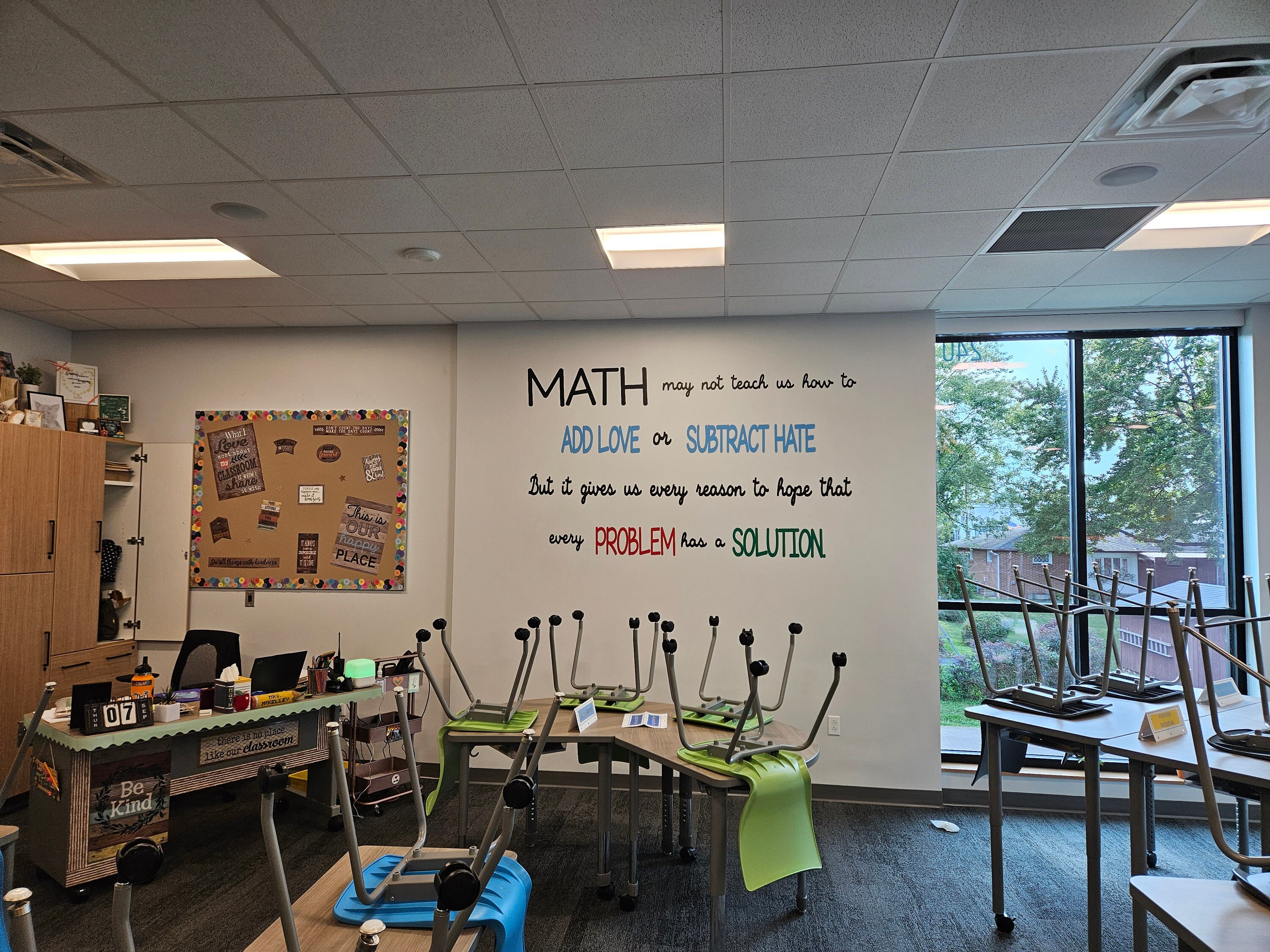 Math vinyl wall decals for classroom // add love, subtract hate