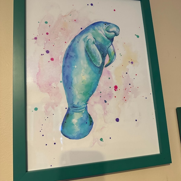 Manatee Watercolor Print, Cute Colorful Manatee Wall Art, Blue Manatee ...