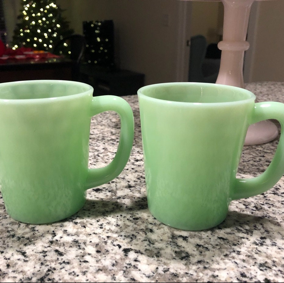 Set of Two. Mosser Glass Jadeite Handled Mugs.