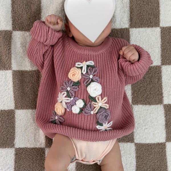Custom Baby Sweater, Floral Initial Sweater, Hand Embroidered Baby ...