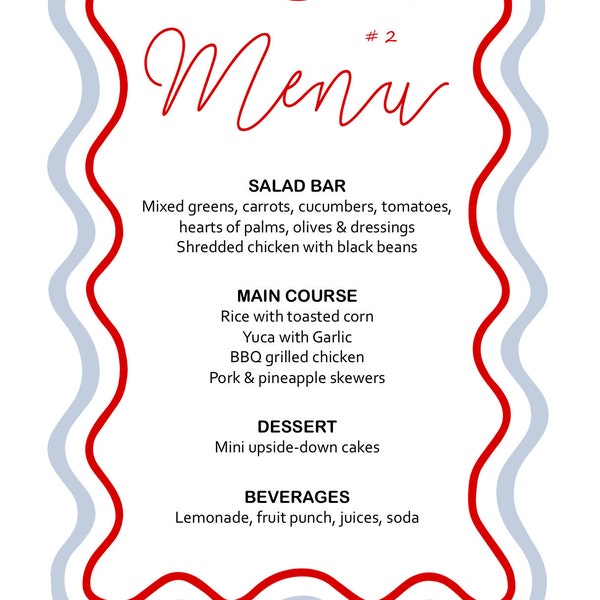 Wavy Menu and Place Card Template, Hand Drawn, Wedding/bridal Shower ...