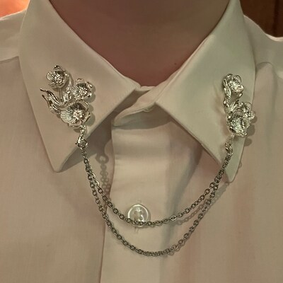 Silver Flower Collar Pin With Chain Floral Shirt Clips Simple Classic Women Accessories Wedding ...
