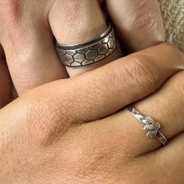 Bee Rings--honey Bee Mine Silver Wedding Set--bumble Bee Band--honey ...