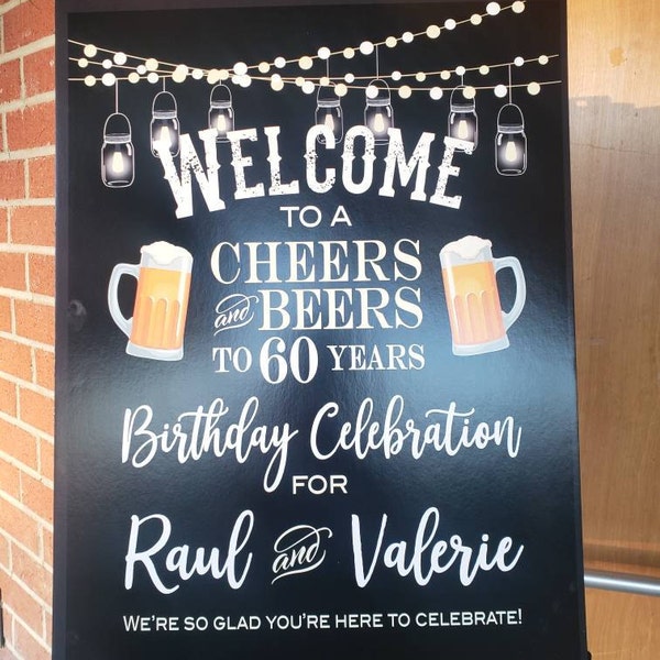Cheers and Beers Birthday Welcome Sign on Black or Blue: Personalized ...