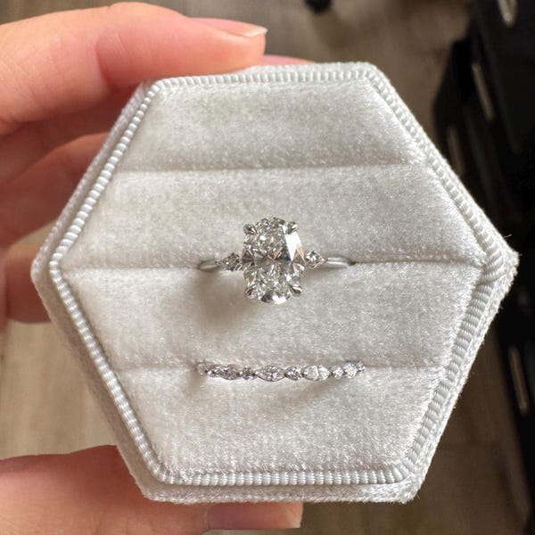 Dainty Single Prong Ring, Marquise and Round Moissanite Wedding Band ...