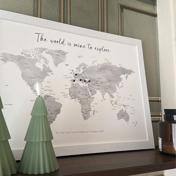Custom Grayscale Monochrome Push Pin World Map, Small Personalised ...