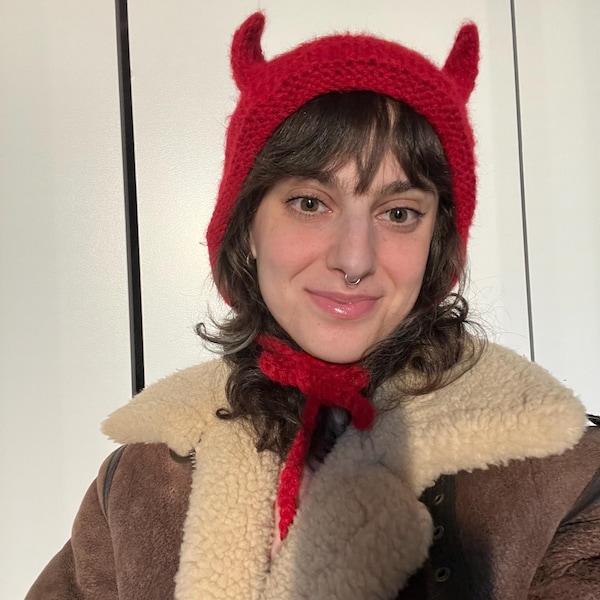 Devil Bonnet, Red Knit Cat Bonnet, Cat Ears Hat, Mohair Knit Adult ...