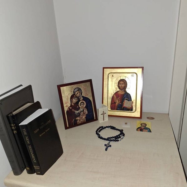 Triptych Christian Icon of Virgin Mary gorgoipikoos and Archangels With Aging Technique ...