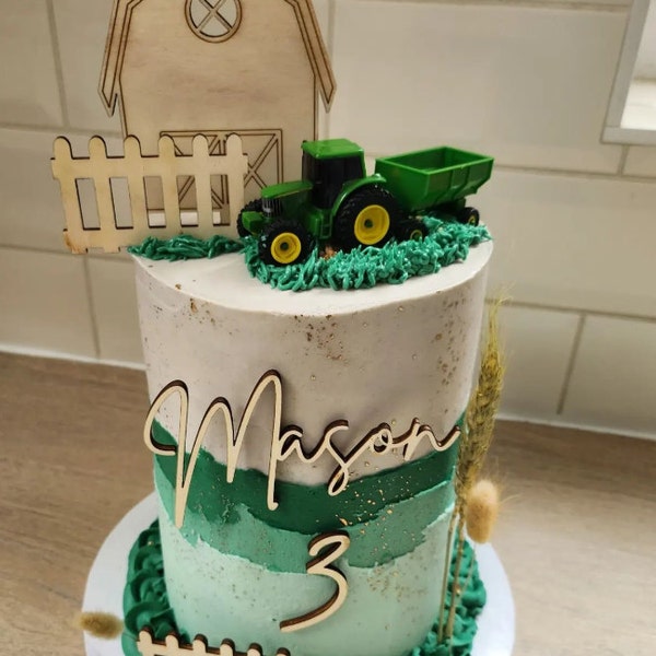 Farm Yard Barn Theme Cake Topper Set - Picket Fence, Tractor, Name Cake ...