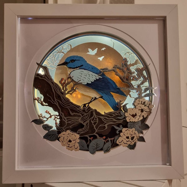 Bird Shadow Box SVG Template: Flowers, Moon, 3D Paper Cut (digital ...