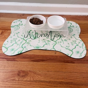 Chinoiserie Dog Bone Pet Mat, Blue and White Bone Shaped Dog Bowl Mat ...