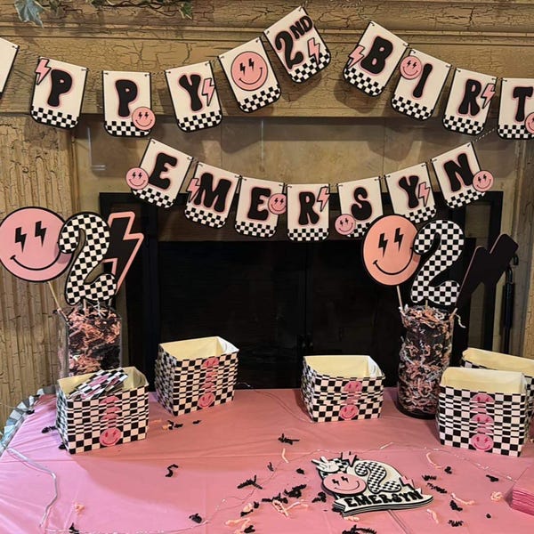 Pink Smiley Face Banner, Happy Girl Banner, Checkered Banner, Retro ...