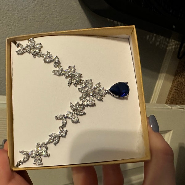 Navy Blue Bridal Jewelry Set Sapphire Blue Bridal Earrings CZ Necklace ...