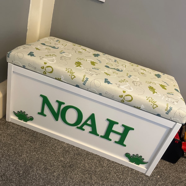 Wooden Personalised Toy Box With Safari Cushion Seat, Soft Close Hinge ...