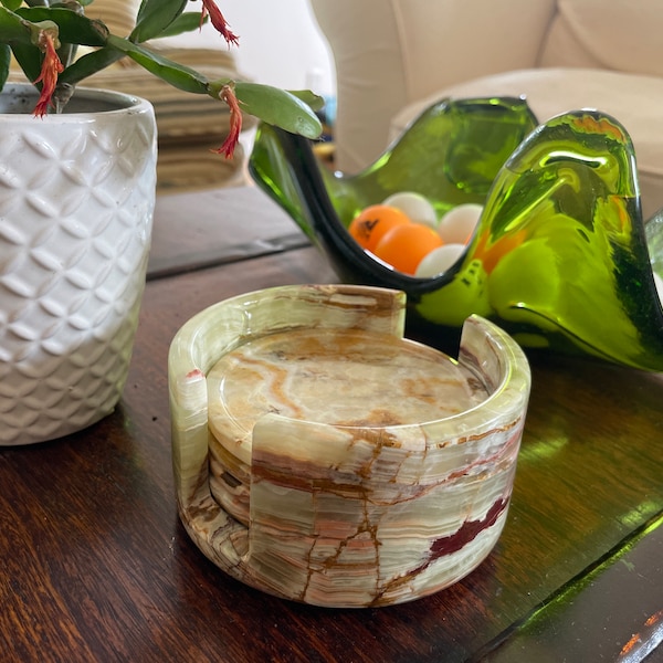 4" Round Banded Onyx Drink Coasters - Set of 6 With Holder - Etsy