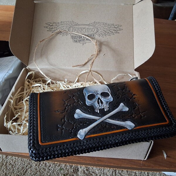 Handcrafted Leather Long Wallet Skulls, Biker's Leather Long Wallet ...