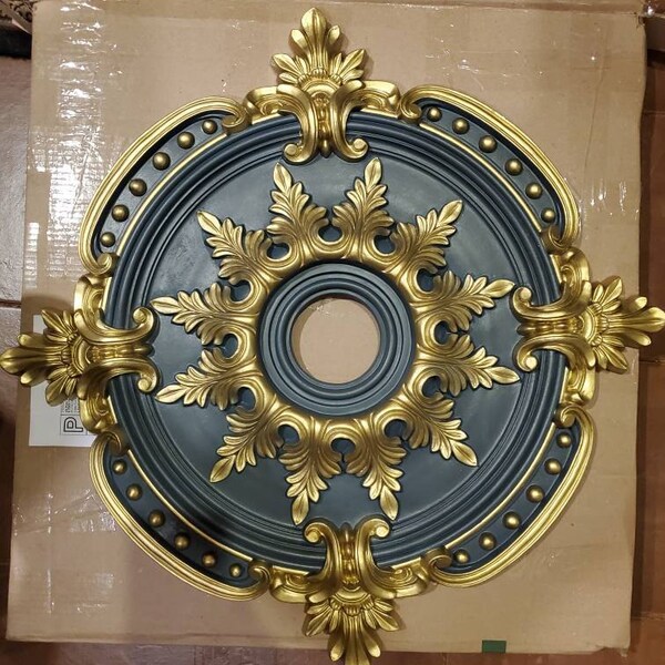 A Large Baroque Ceiling Medallion, Pink, White and Hand Painted Gold ...