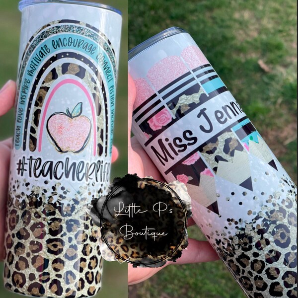 20 Oz Skinny Tumbler Rainbow Leopard Glitter Teacher Tumbler Pencil ...