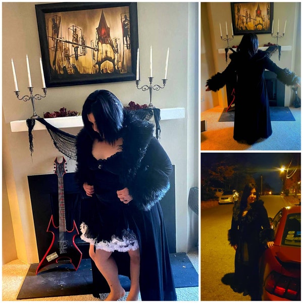 Islington Coat - Red/black - Embossed Velvet Gothic Coat With Faux Fur ...