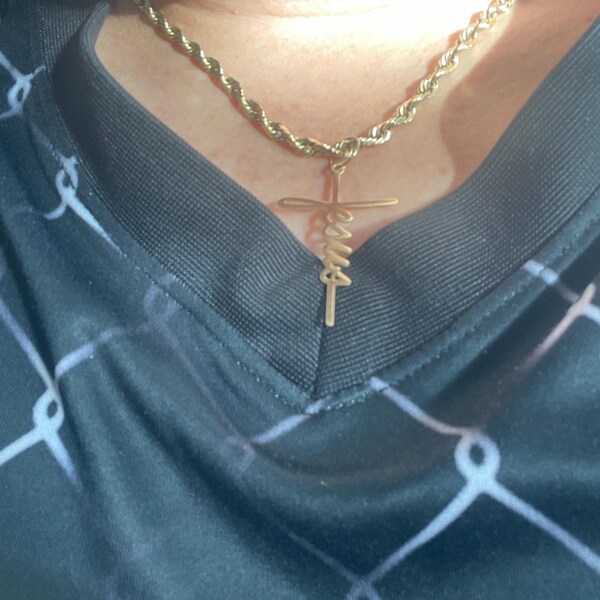 14k Solid Gold Jesus Name Necklace, Cross Shaped Christian Jewelry ...