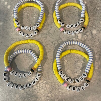 NEW Personalized Beaded Name Bracelets Teacher PENCIL and PAPER Bracelets Teacher Gift Teacher ...