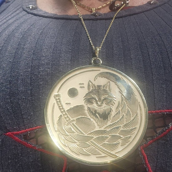 14K Solid Gold Kitsune Fox Charm Necklace, Japanese Mythology Pendant ...