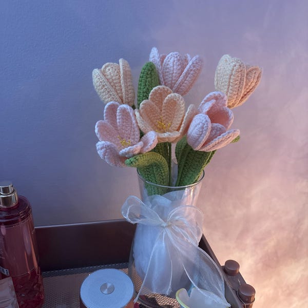 Crochet Pink Tulip Flowers Bouquet,knit Flowers,crochet Tulip Rose ...