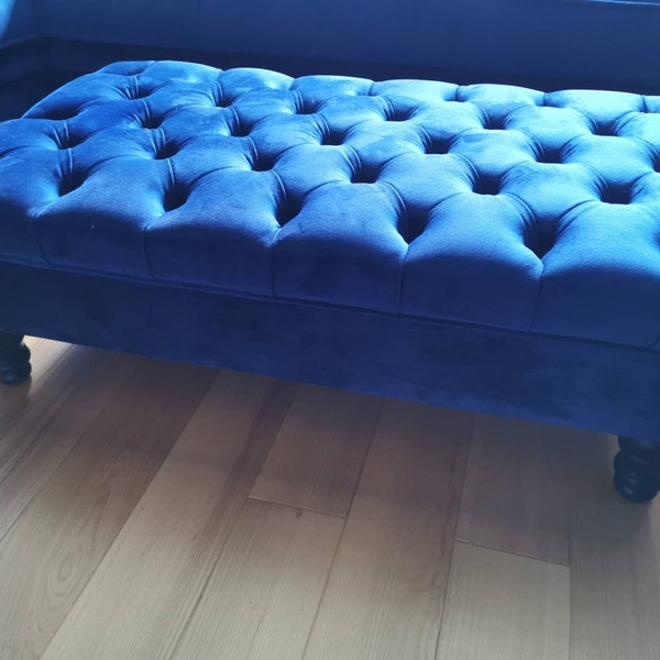 Chesterfield Deep Buttoned Footstool in Royal Blue Velvet With Mahogany ...