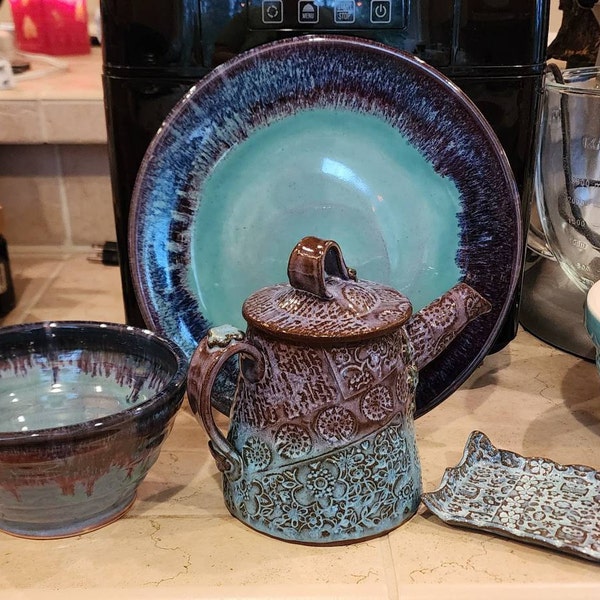 Blue & Yellow Tripod Mug With a Flower Pattern, 12 Oz Ceramic Cup, Hand ...