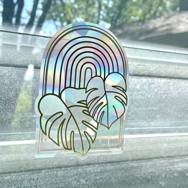 STICKER | Rainbow Monstera | Rainbow Making Suncatcher Window Decal - Etsy