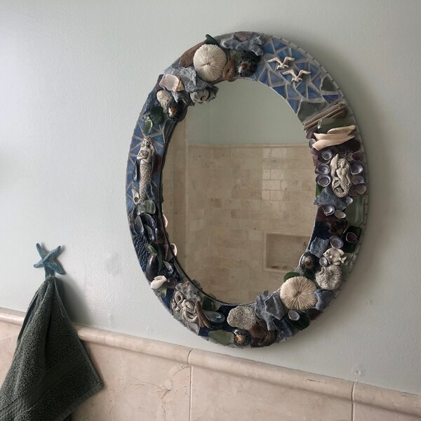 Custom Lovely Mosaic and Seashell 19 X 23" Oval Mirror, Wood Base With ...
