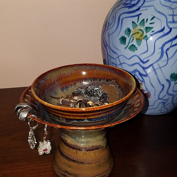Ceramic Earring Holder With Dish in Waterfall Brown, Pottery Jewelry ...