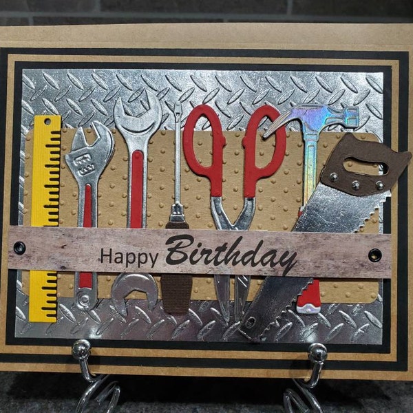 Handmade Tools Happy Birthday Card: Kraft Paper, Embossed Silver - Etsy