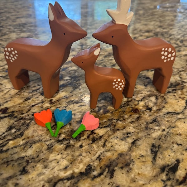 Wooden Deer Family, Wooden Stag Doe Fawn, Handmade Deer, Montessori Toy ...