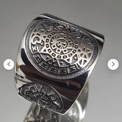 Mens Silver Aztec Calendar Ring, Mens Statement Ring Mexica Calendar ...