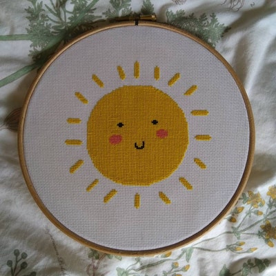 Happy Sun Cross Stitch, Sun Cross Stitch, Space Cross Stitch, Modern ...