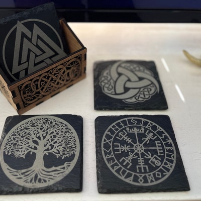 Viking Norse Slate Stone Coaster Set With Wooden Holder Box Tiles ...