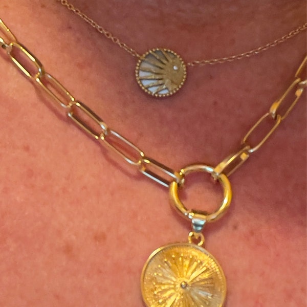 24k Gold Filled Round Coin Medallion Pendant, Sunburst Charm Necklace ...