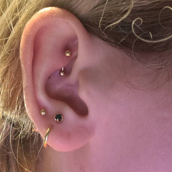 14k Solid Gold Belly Button Ring Navel Piercing Round Two Balls Bar Bell Threaded Bar Bell Rook ...