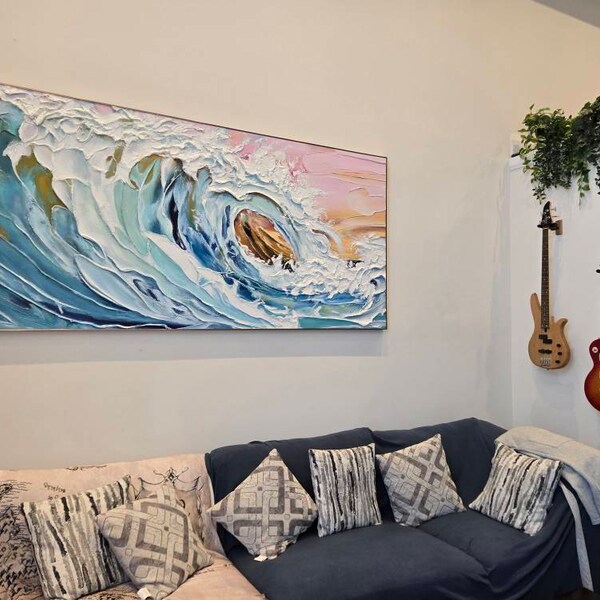 Original 3D White Minimalist Textured Wall Art Triptych Ocean Wave Painting on Canvas Neutural ...