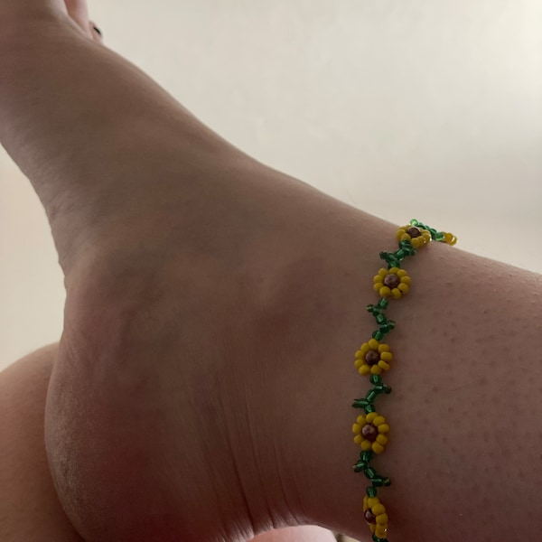 Sunflower Seed Bead Anklet Yellow Green Glass Womens Boho Anklet Floral ...
