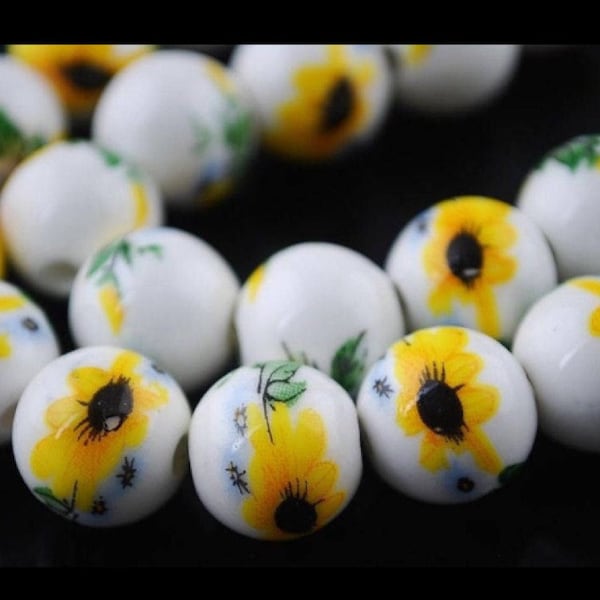 10 Ceramic Sunflower Beads, Porcelain Sunflower Beads, Jewelry Making ...