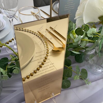 Gold Engraved Mirror Acrylic Menu, Wedding Menus, DL Standing Menu ...
