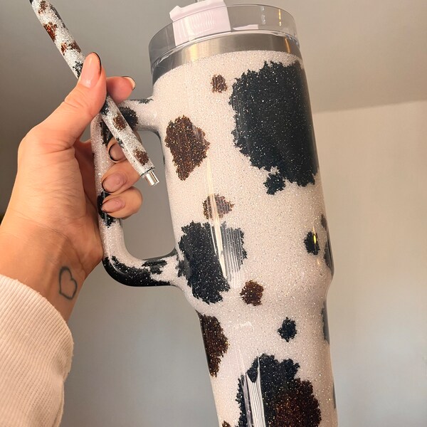 Cow Print Stanley, Cowprint, Custom Tumbler, Glitter Tumbler, Cowhide ...