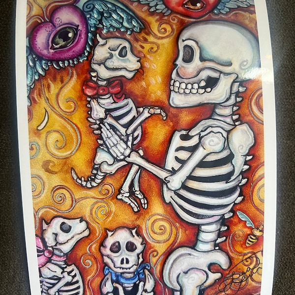 Dia De Los Muertos Skeleton in Bed With Dog and Cat Prints by Lisa ...