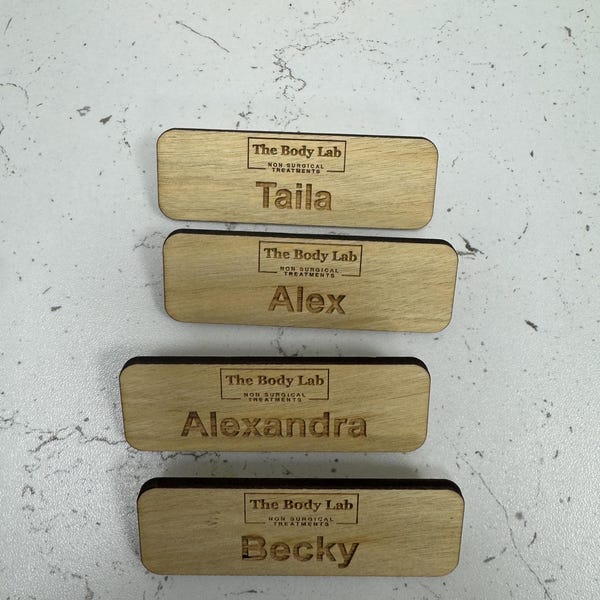 Personalised Wooden Name Badges - Custom Engraved Wood Logo Tags With ...